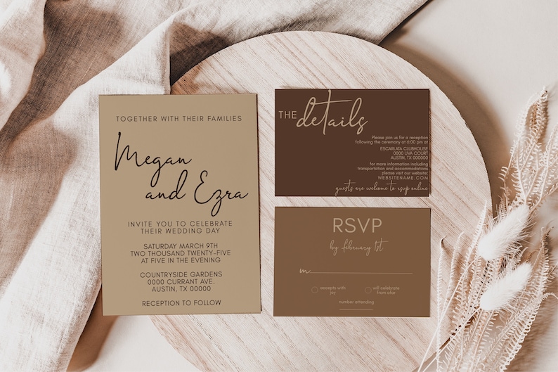 Editable Brown Wedding Invitation Template Set: Invite, RSVP & Details ...