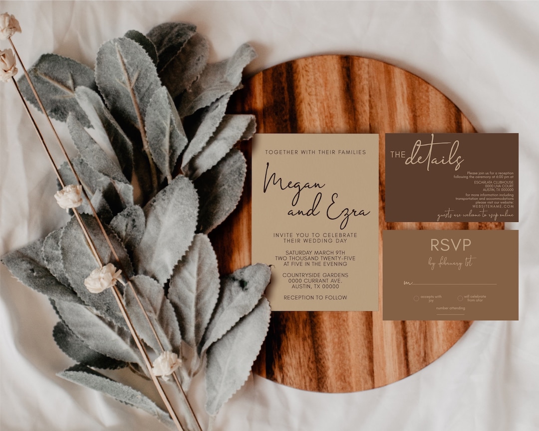 Editable Brown Wedding Invitation Template Set: Invite, RSVP & Details ...