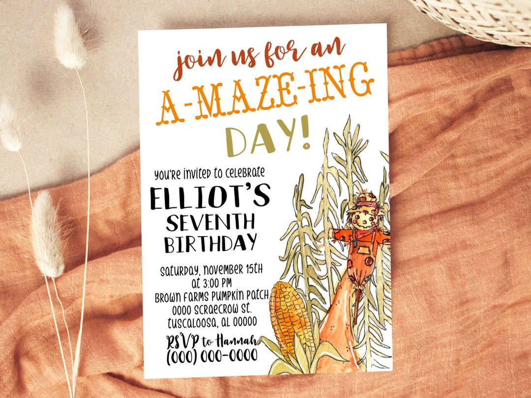 Corn Maze Birthday Invitation Template, Editable Fall Farm Party Invite ...