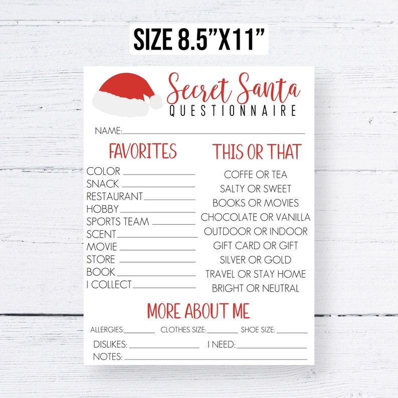 Printable Secret Santa Questionnaire Christmas Gift - Etsy UK