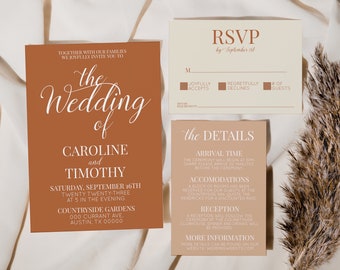Terracotta Minimalist Wedding Invitation Suite, Modern Rust Orange ...