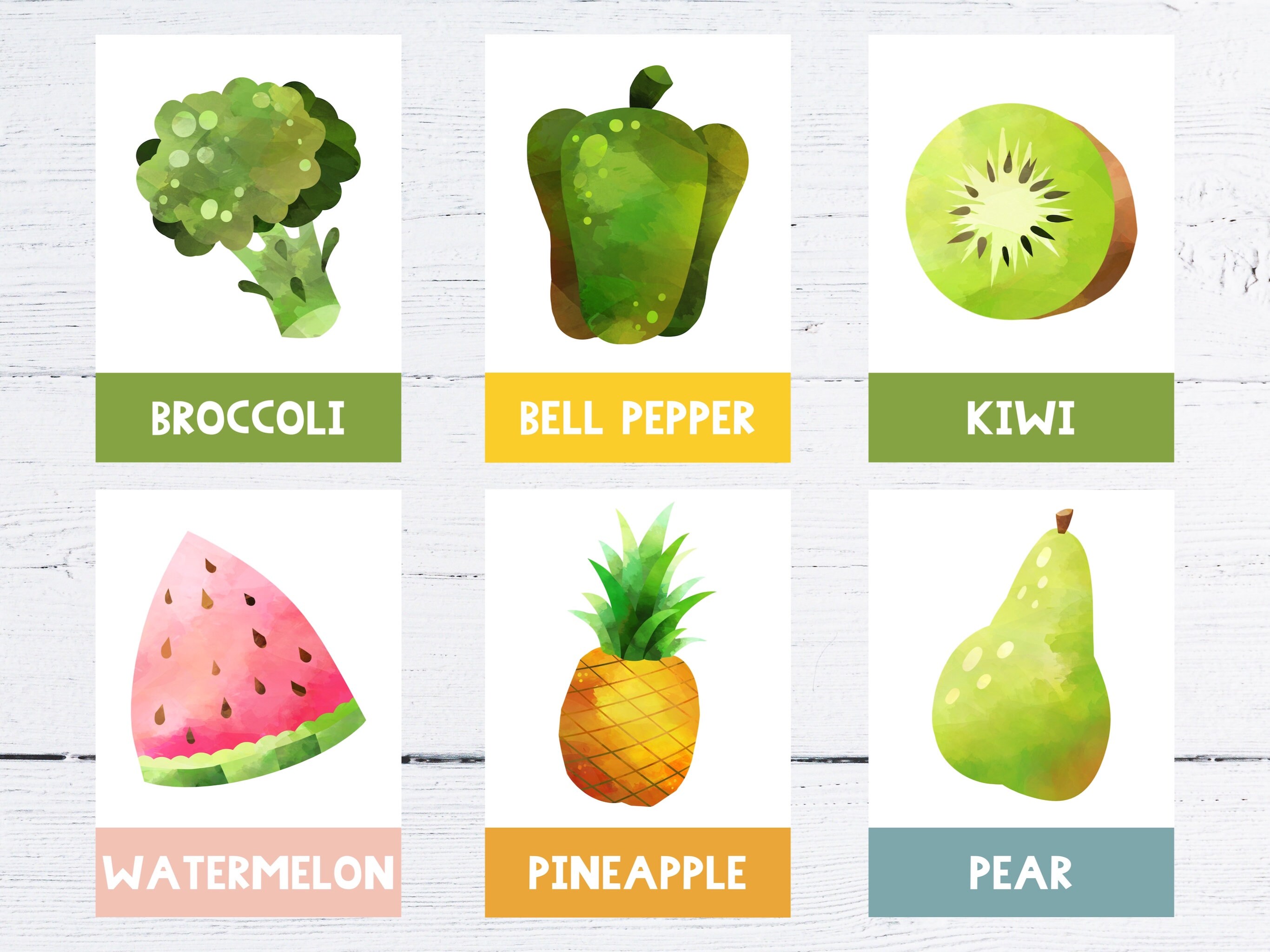 Printable Watercolor Fruits & Vegetables Flash Cards (digital) - Etsy