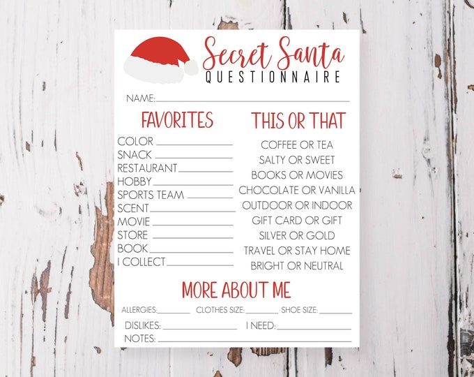 Printable Retro Secret Santa Gift Exchange Questionnaire, Christmas ...