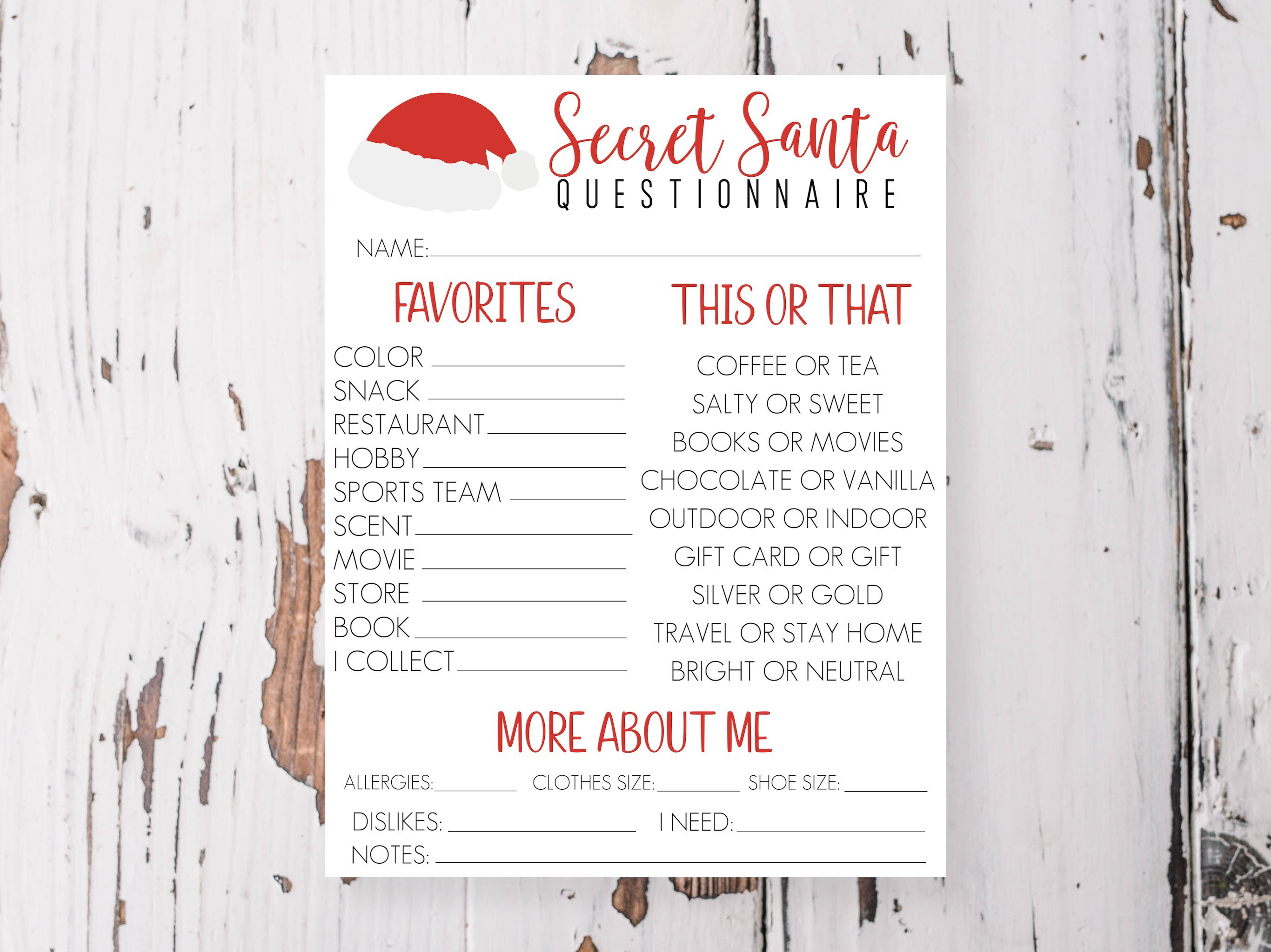 Printable Secret Santa Questionnaire Christmas Gift - Etsy UK