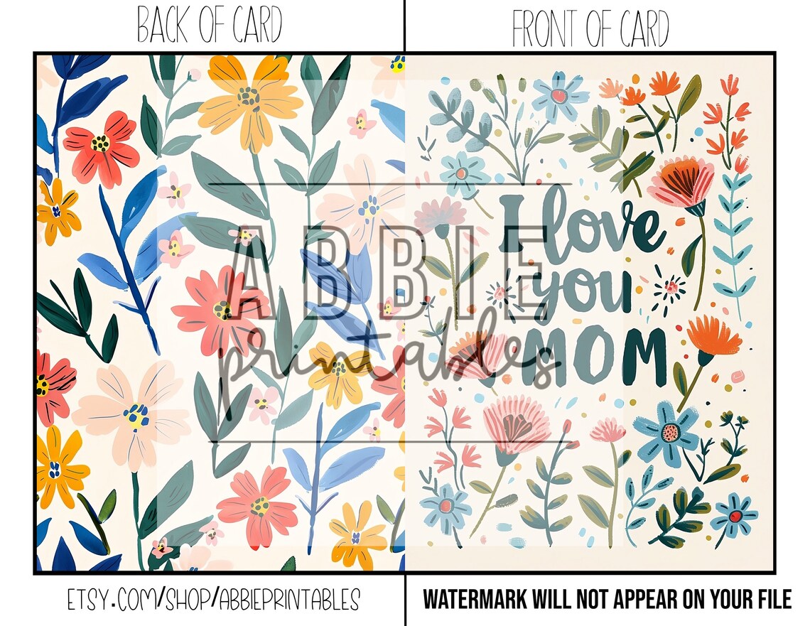 Printable Floral Mother's Day Card Template: I Love You Mom (digital ...