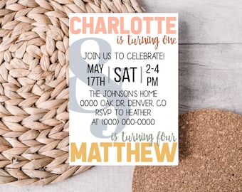 Editable Sibling Birthday Invitation, Double Birthday Invitation, Dual ...