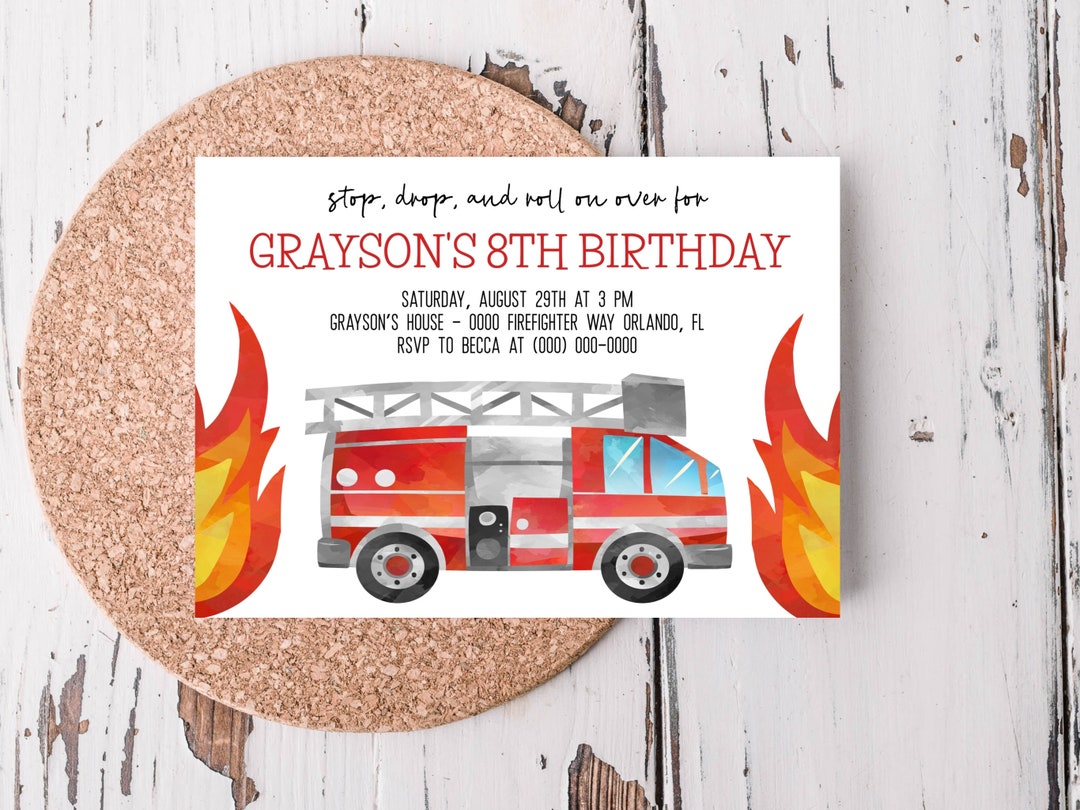 Editable Fire Truck Invitation Template, Fireman Birthday Invite ...