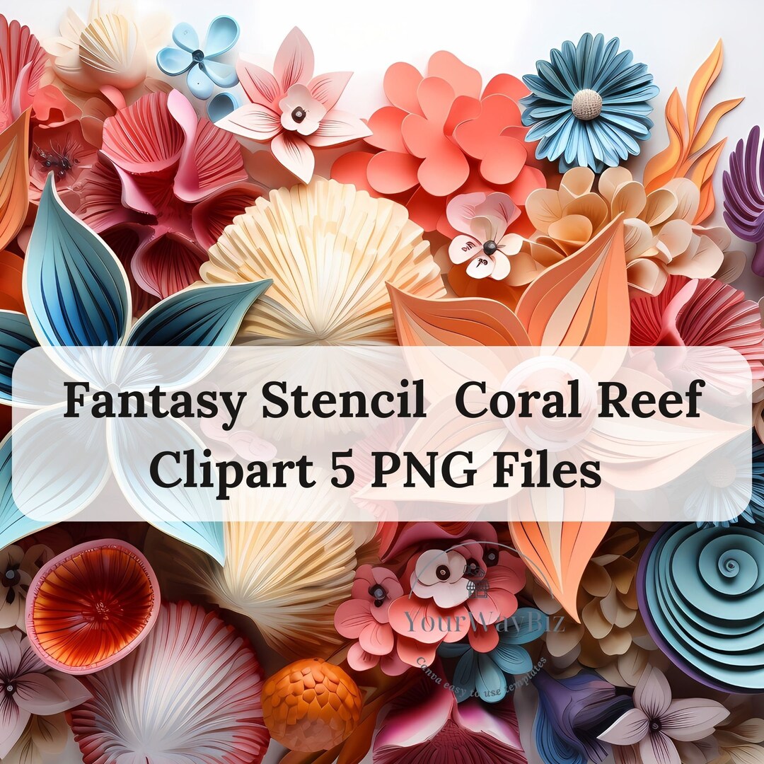 Fantasy Stencil Coral Reef Clipart, Sublimation, Watercolor Seashell ...