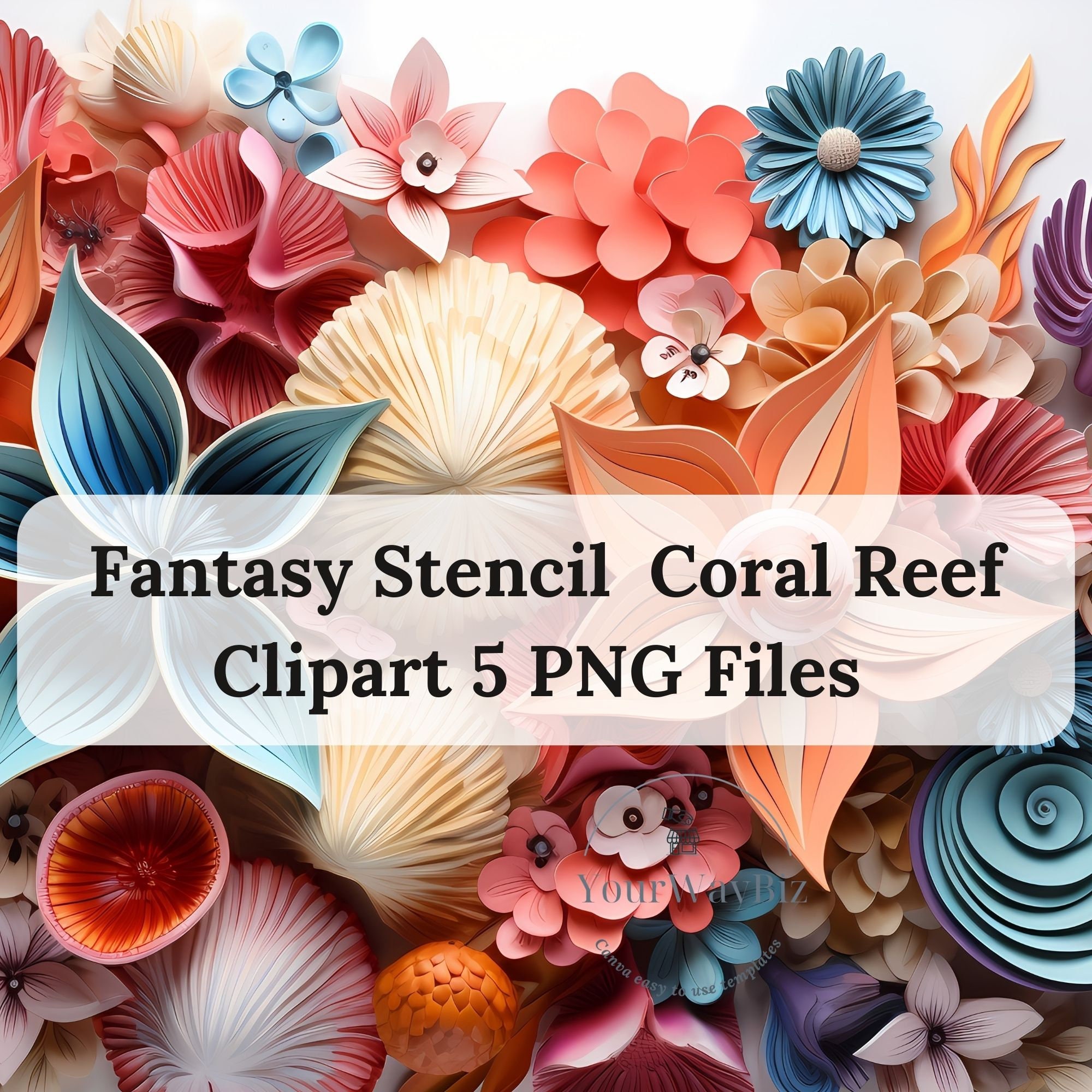 Fantasy Stencil Coral Reef Clipart, Sublimation, Watercolor Seashell ...