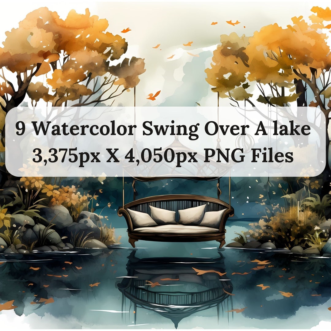 Watercolor Lake Swing Clipart, Autumn Landscape PNG Bundle (digital ...