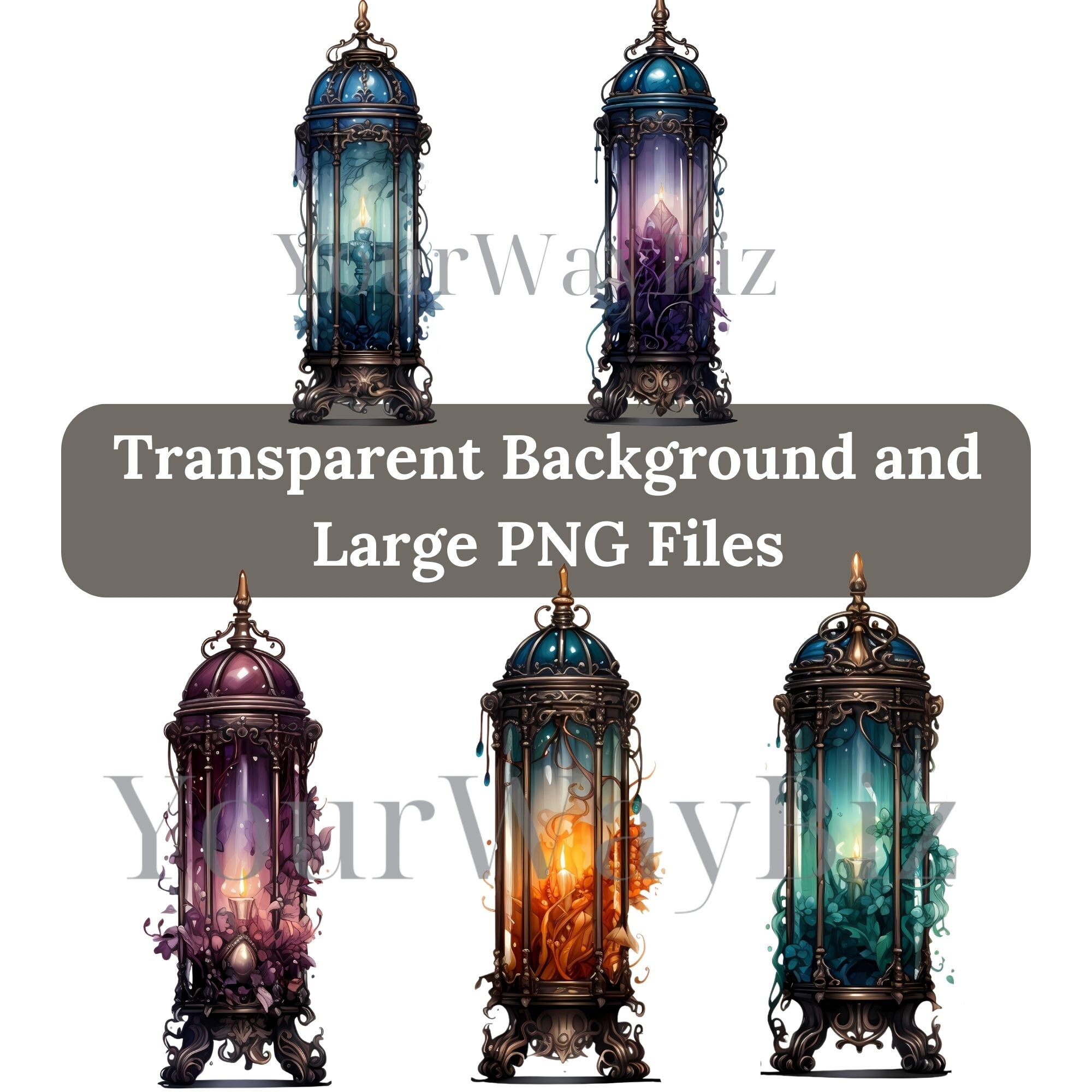 Watercolor Gothic Lantern Clipart, Fantasy Floral Crystal PNG (digital ...