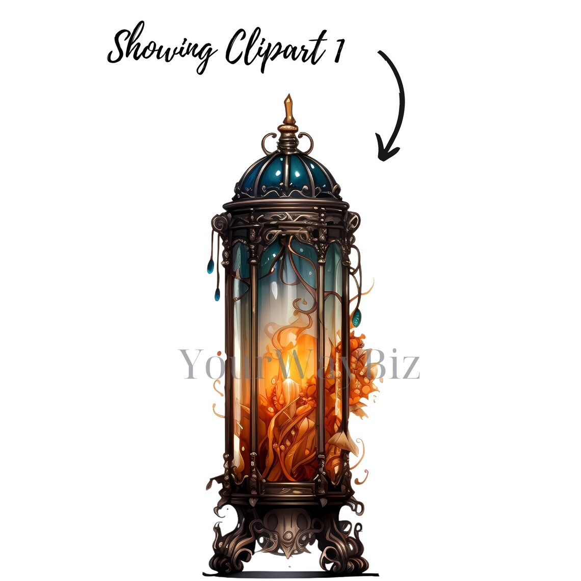 Watercolor Gothic Lantern Clipart, Fantasy Floral Crystal PNG (digital ...