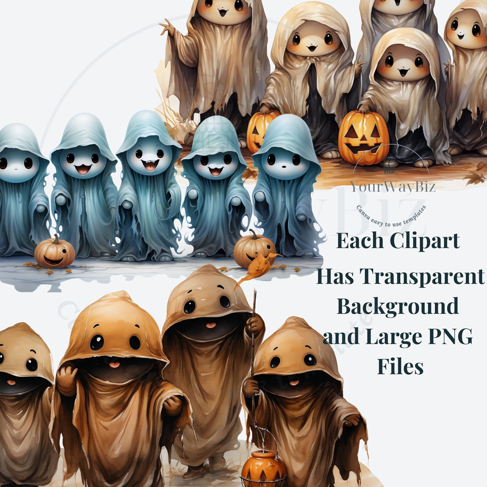 Watercolor Ghost Clipart, Cute Halloween Ghost Clipart, Clipart Bundle ...