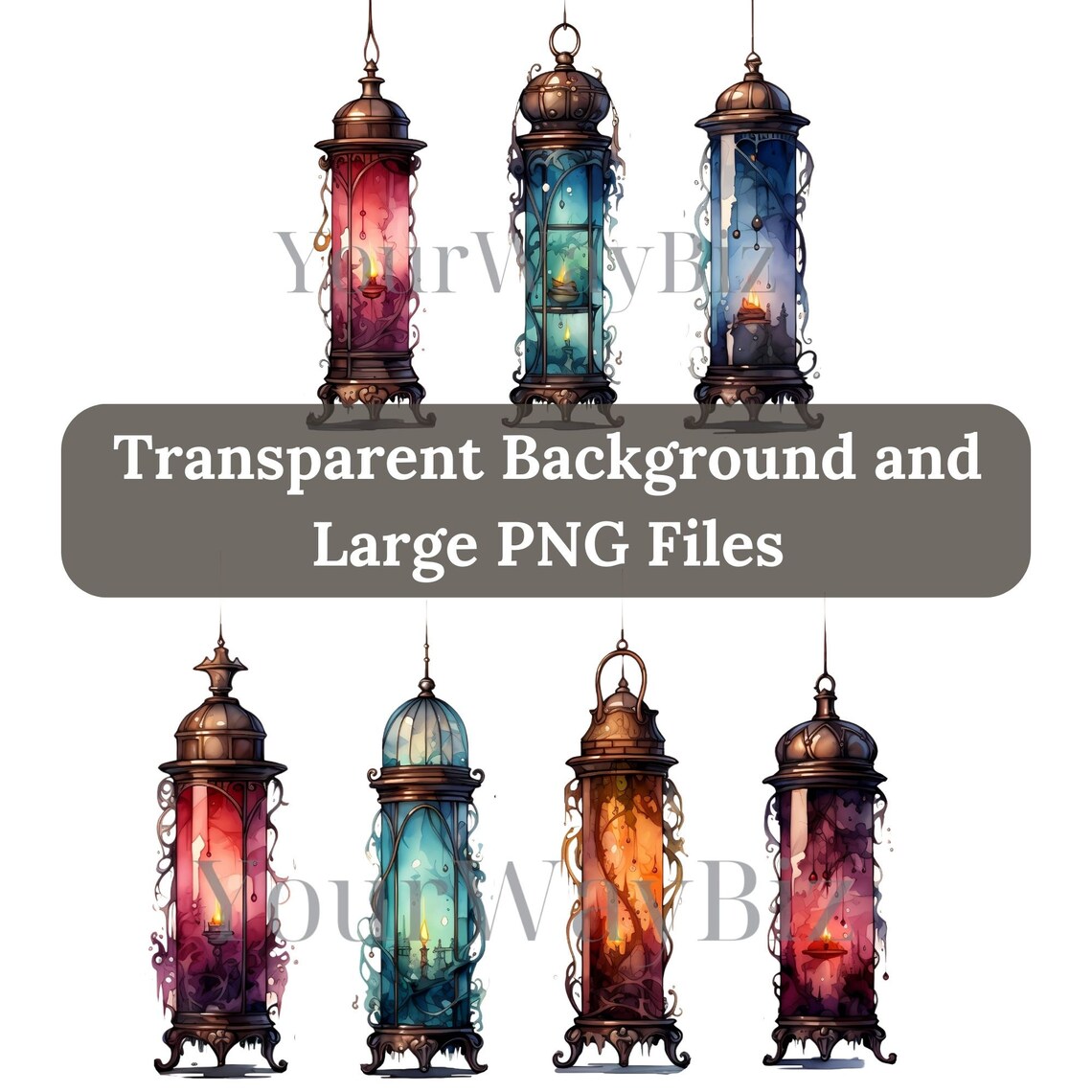 Watercolor Fantasy Gothic Lantern Clipart, Lantern With Flowers, Dark ...