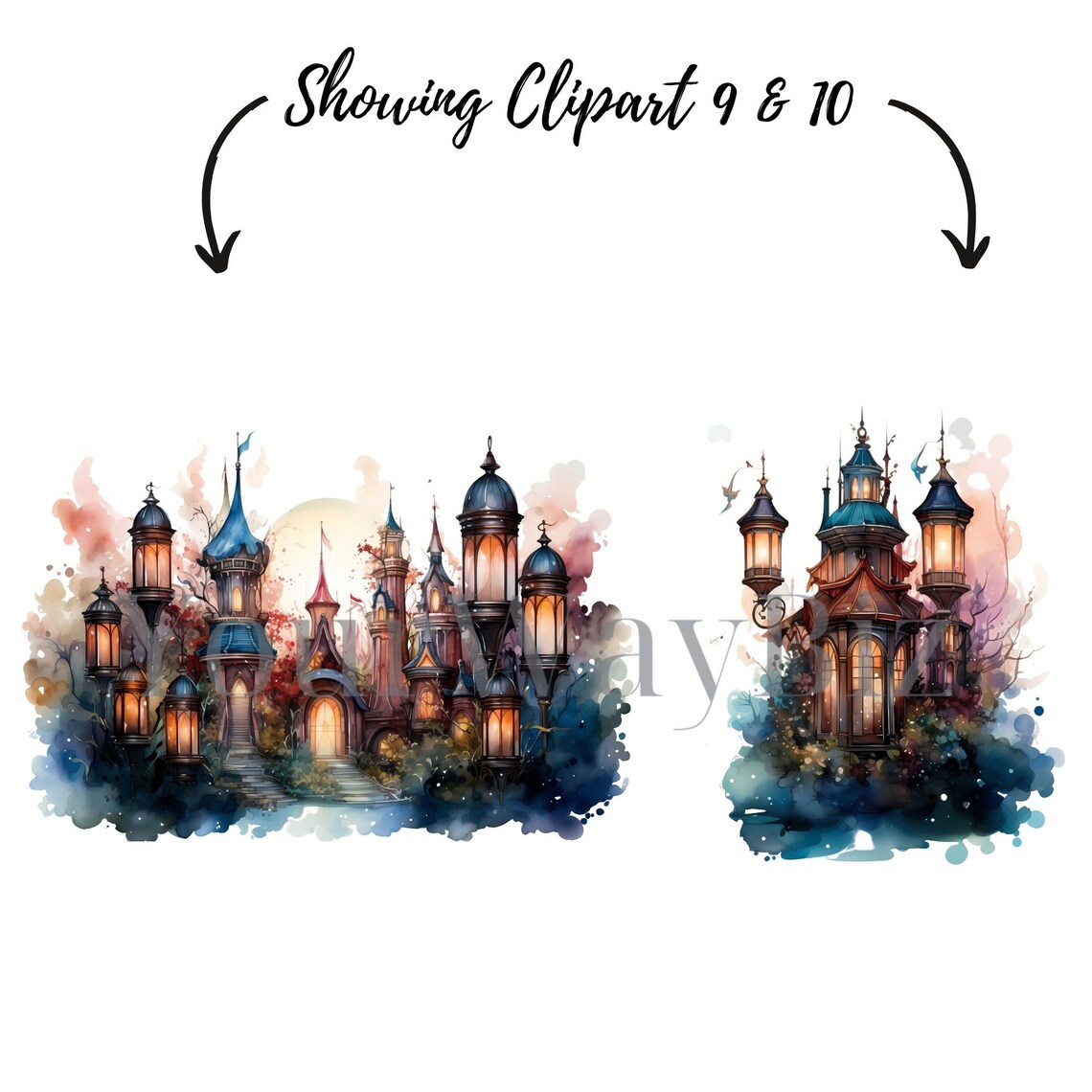 Watercolor Fantasy Castle Clipart, Gothic Lantern Houses (PNG Digital ...