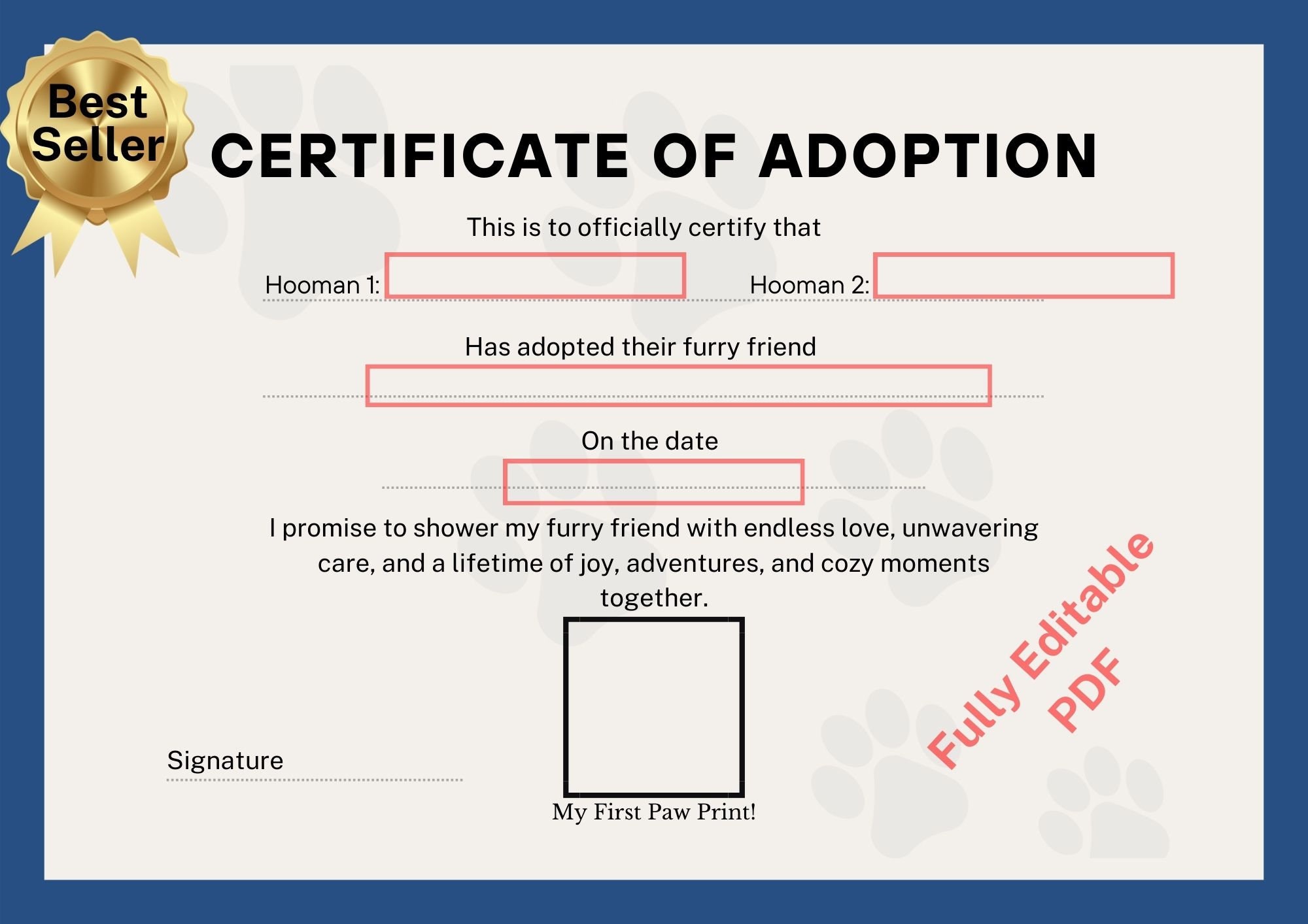 Puppy Adoption Certificate Template, Editable Printable Certificate of ...