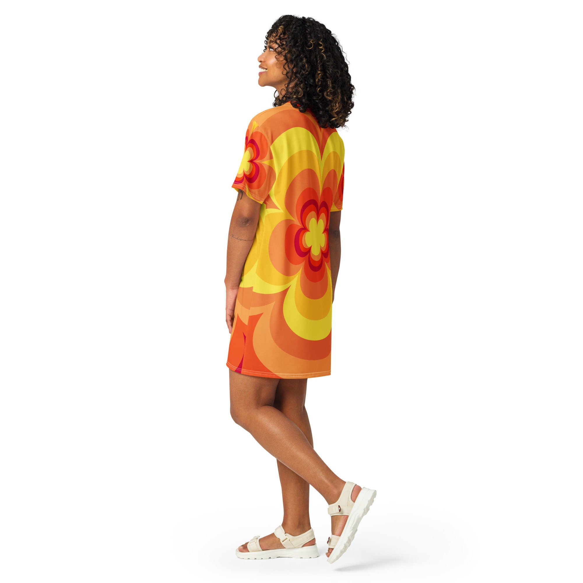 T-shirt Dress for Women, Funky Exploding Sunny Flower Design, Orange ...