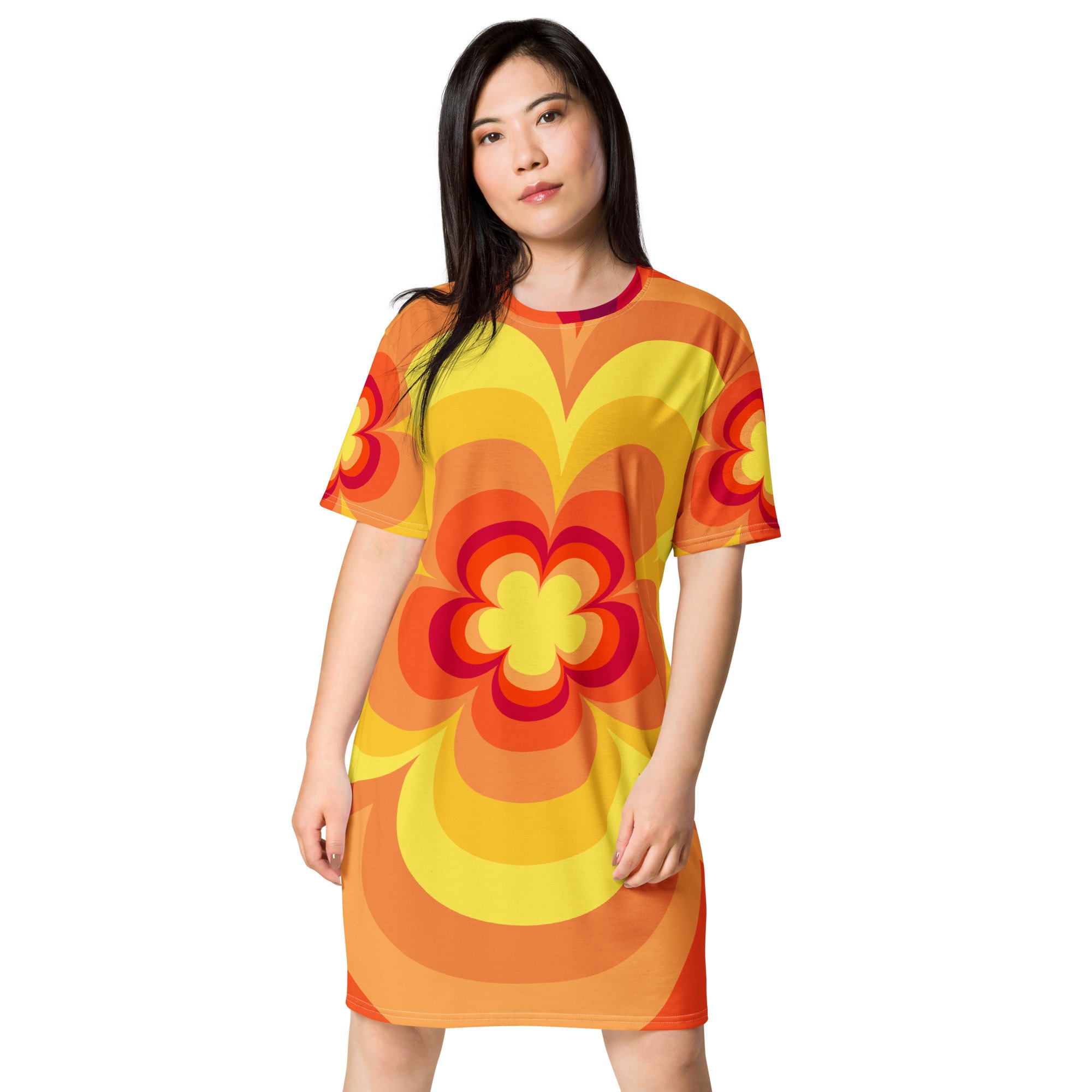 T-shirt Dress for Women, Funky Exploding Sunny Flower Design, Orange ...