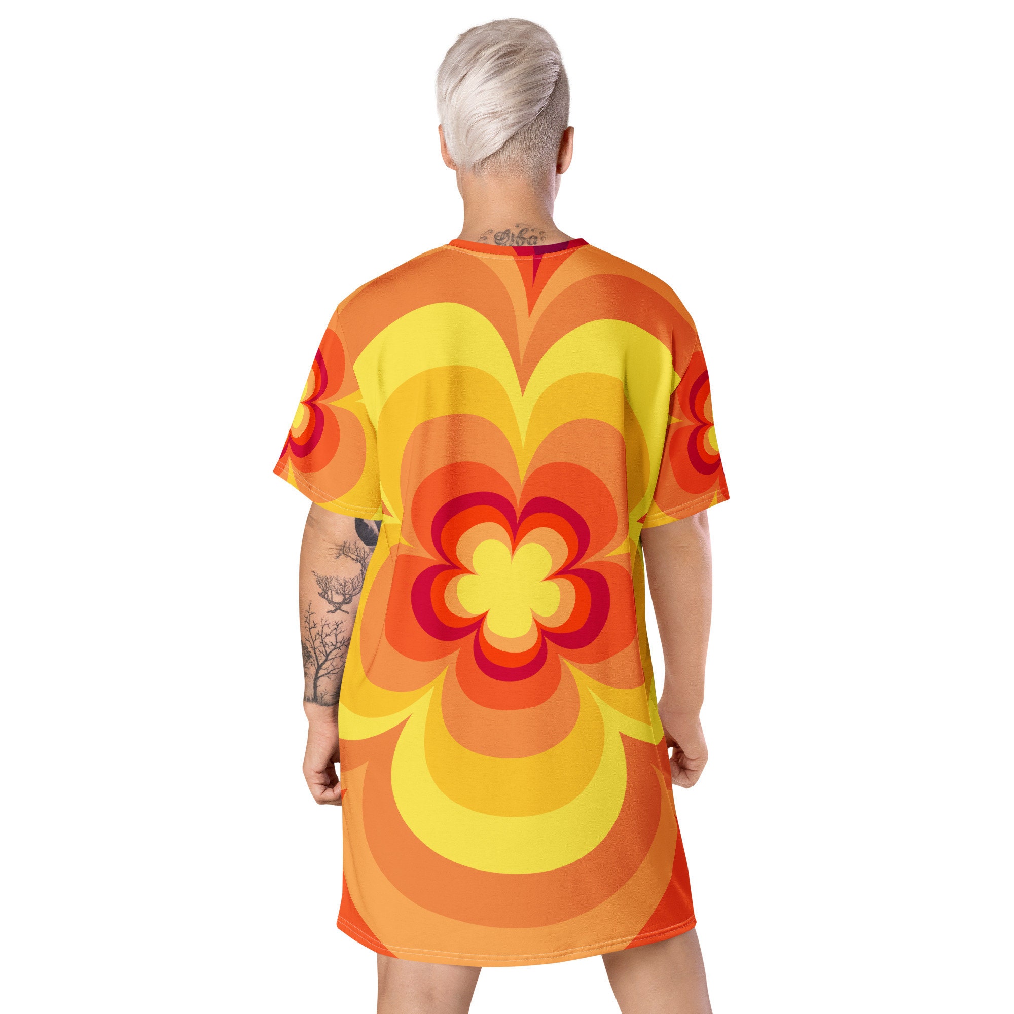 T-shirt Dress for Women, Funky Exploding Sunny Flower Design, Orange ...