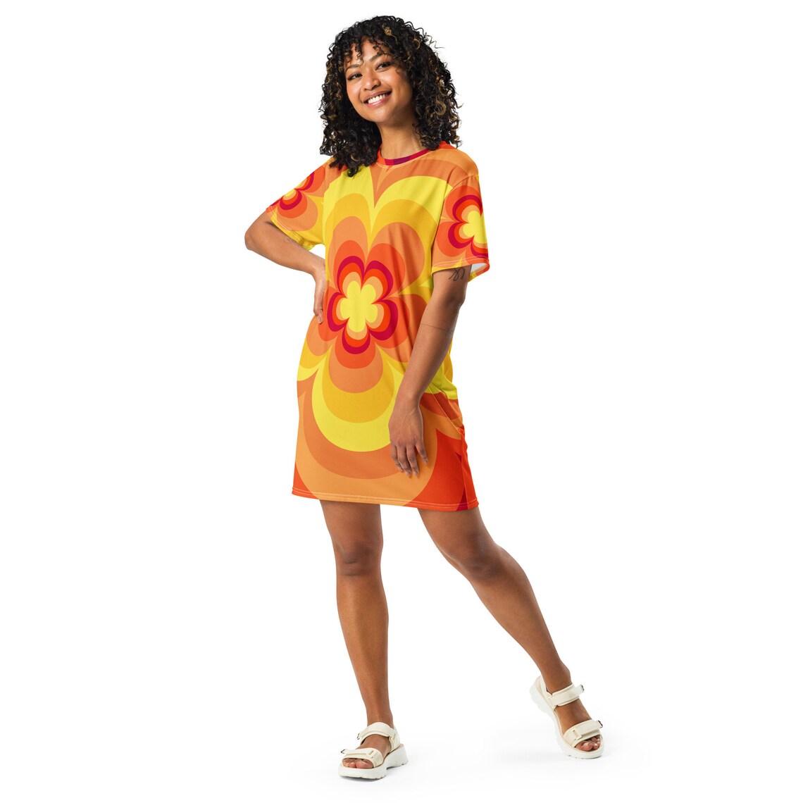 T-shirt Dress for Women, Funky Exploding Sunny Flower Design, Orange ...