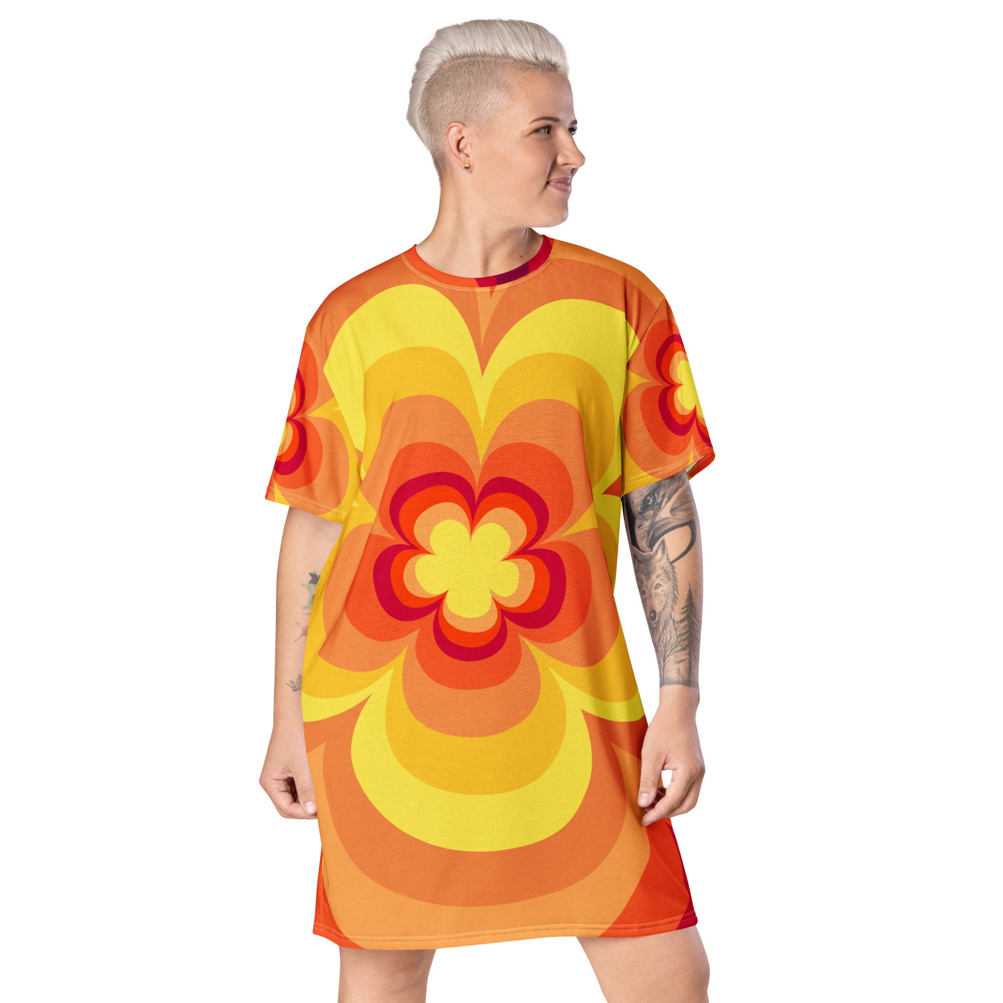 T-shirt Dress for Women, Funky Exploding Sunny Flower Design, Orange ...