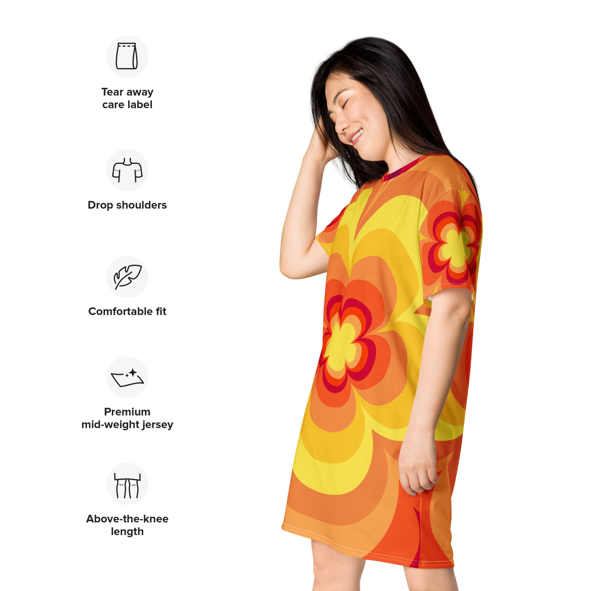 T-shirt Dress for Women, Funky Exploding Sunny Flower Design, Orange ...
