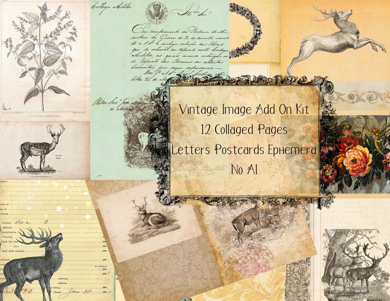 Vintage Deer Background Collage Pages Ephemera Add-on Kit Junk Journals ...