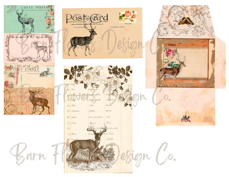 Vintage Image Deer Ephemera Kit Collage Postcards Letters Tags Invoice ...