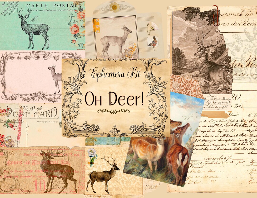 Vintage Image Deer Ephemera Kit Collage Postcards Letters Tags Invoice ...