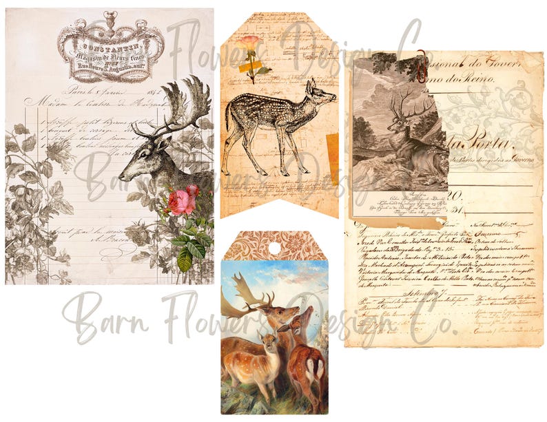Vintage Image Deer Ephemera Kit Collage Postcards Letters Tags Invoice ...
