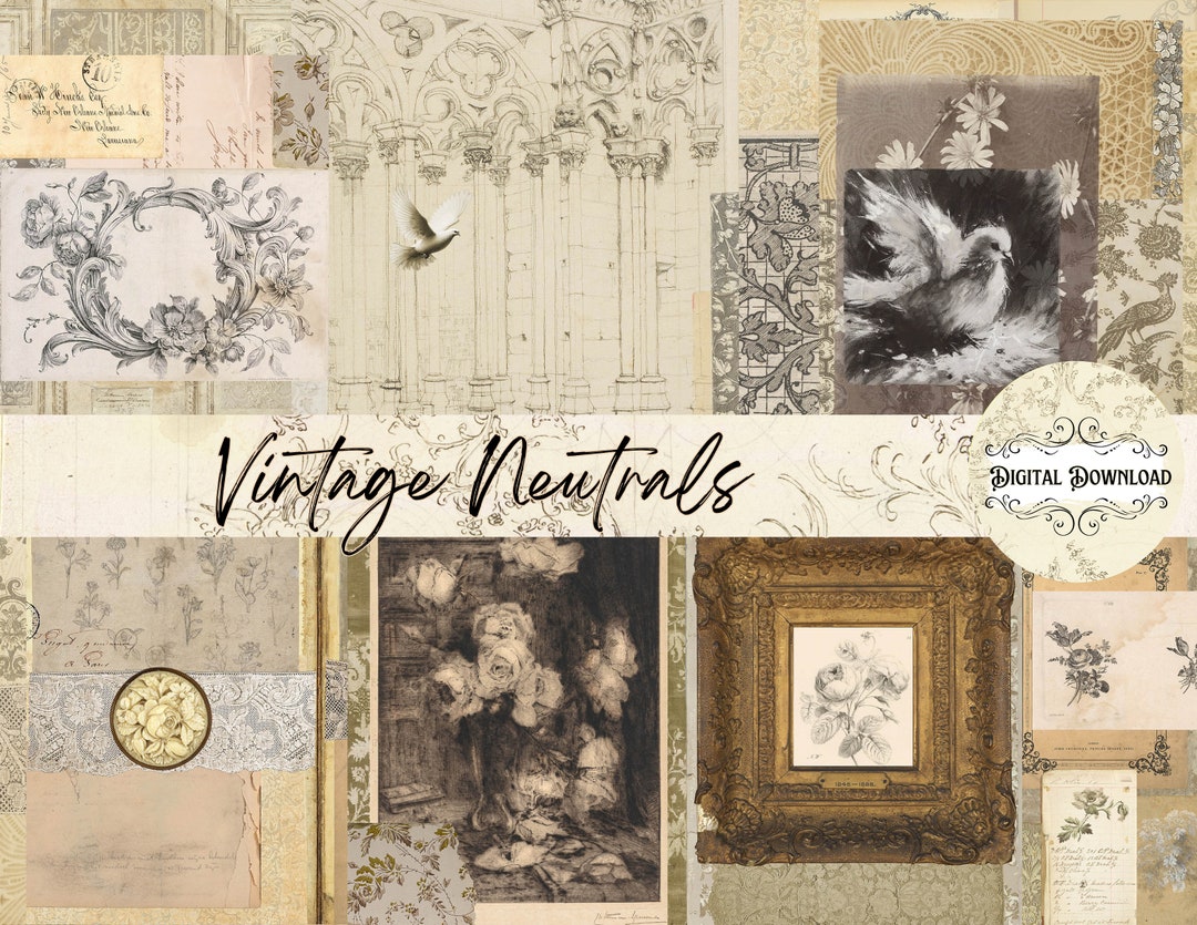 Vintage Neutrals Roses Doves Collage Sheet Add on Paper Kit Junk ...