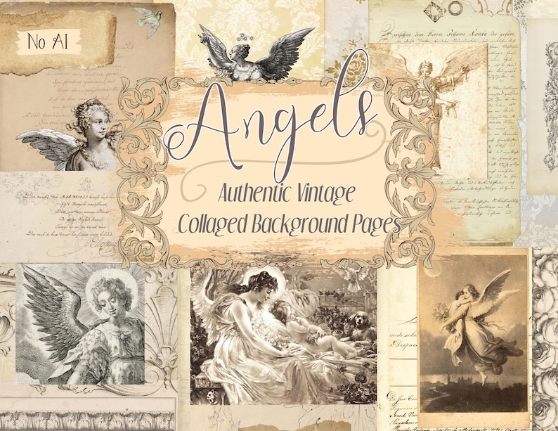 Vintage Angels Junk Journal Neutral Collaged Ephemera Background Page ...