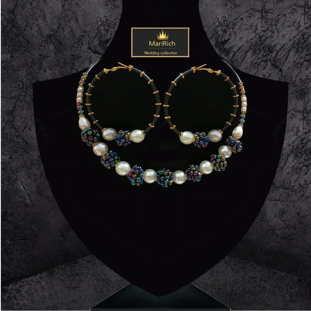 Gothic Wedding Set: Necklaceearrings Made of White Pearls & Handmade ...