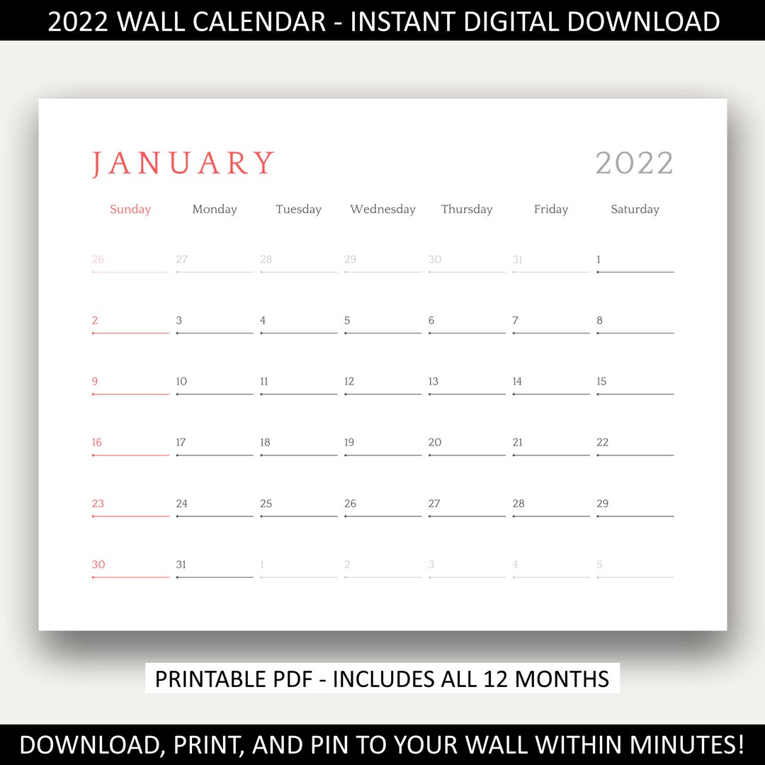 PRINTABLE 2022 Wall Calendar Digital PDF Instant Download - Etsy