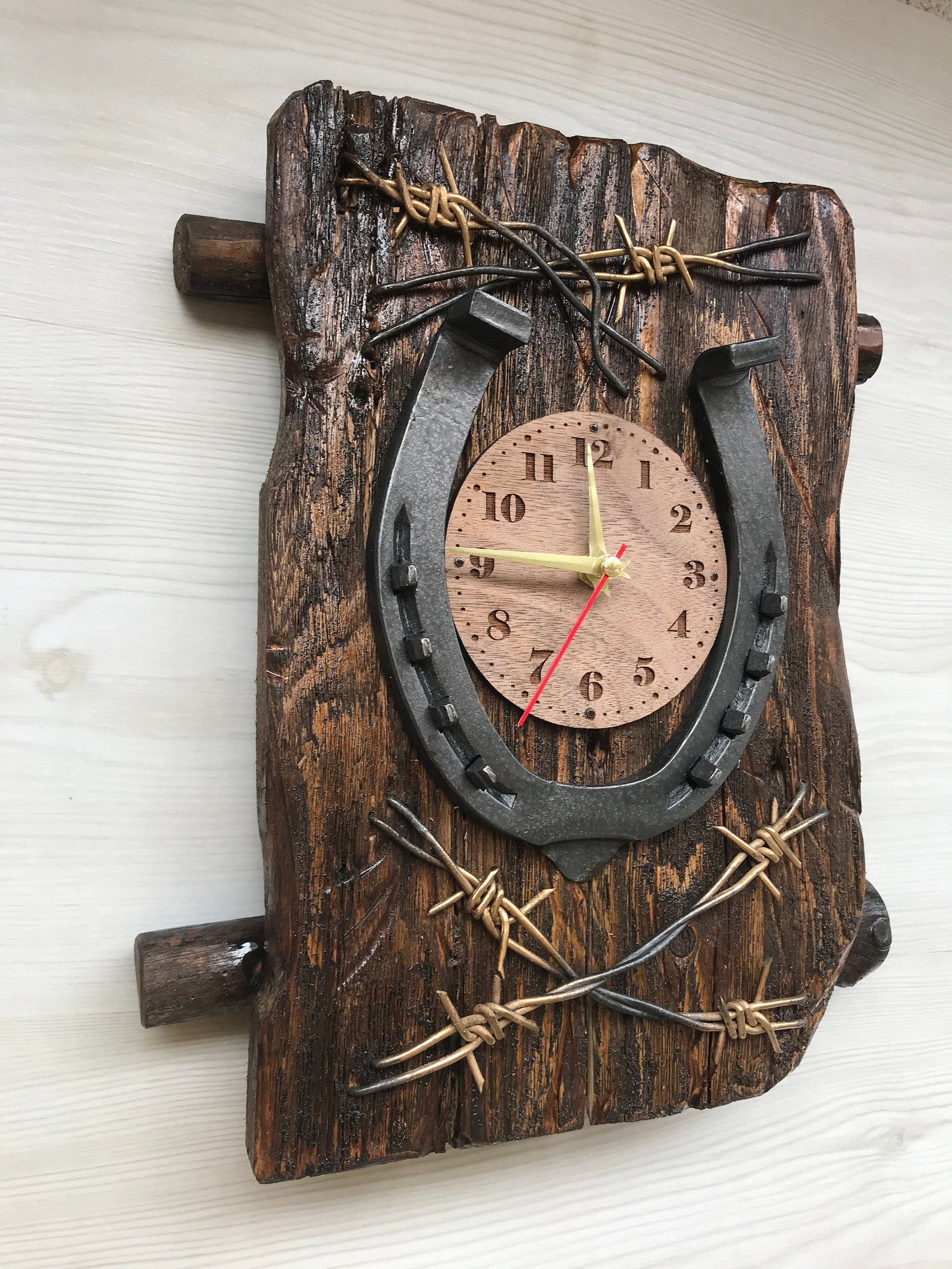 Vintage Wall Clock With Horseshoe, Handmade Wall Clock, Wall Clock ...