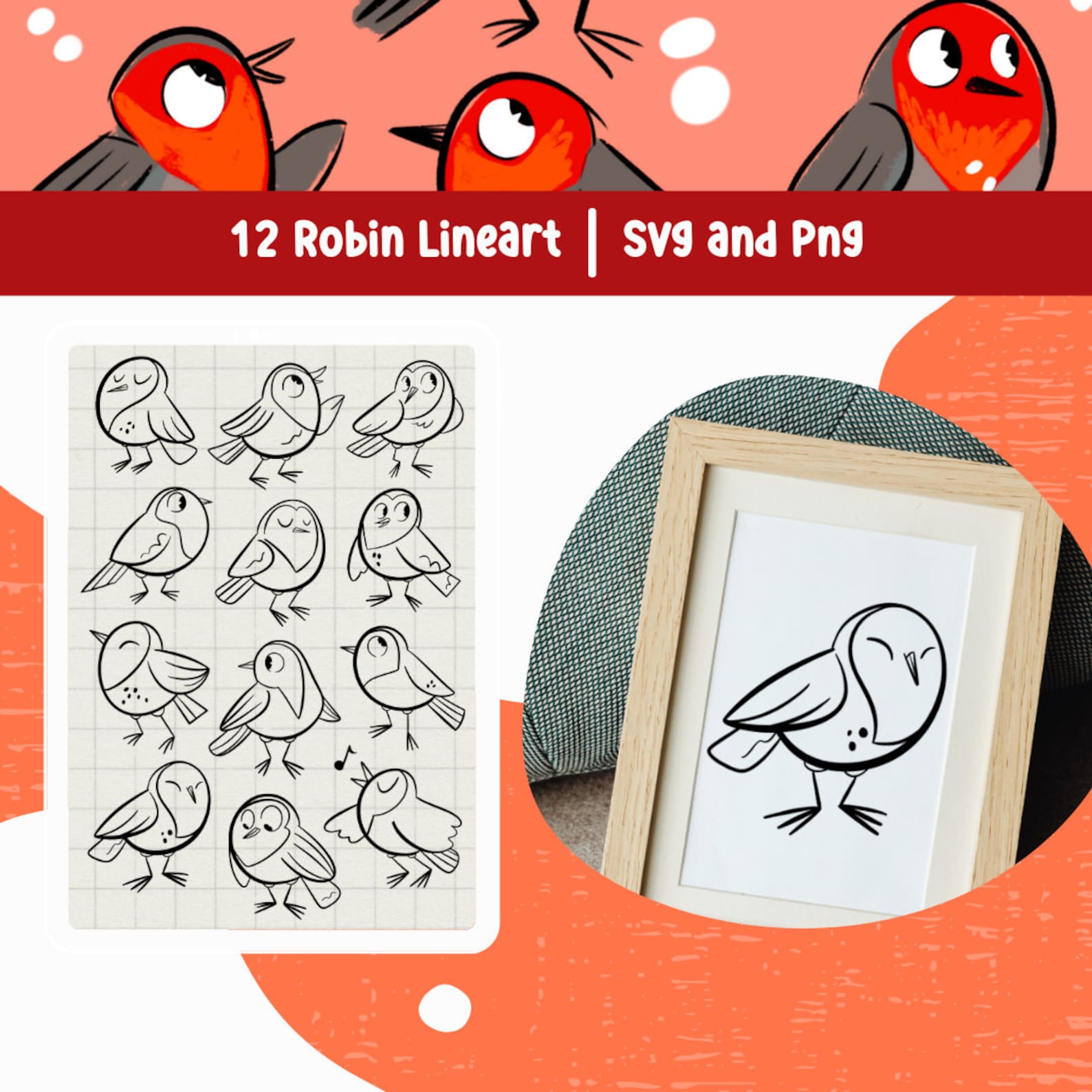 Robin SVG Cute Bird Illustration of Robin Png Bird Clipart Lineart Bird ...