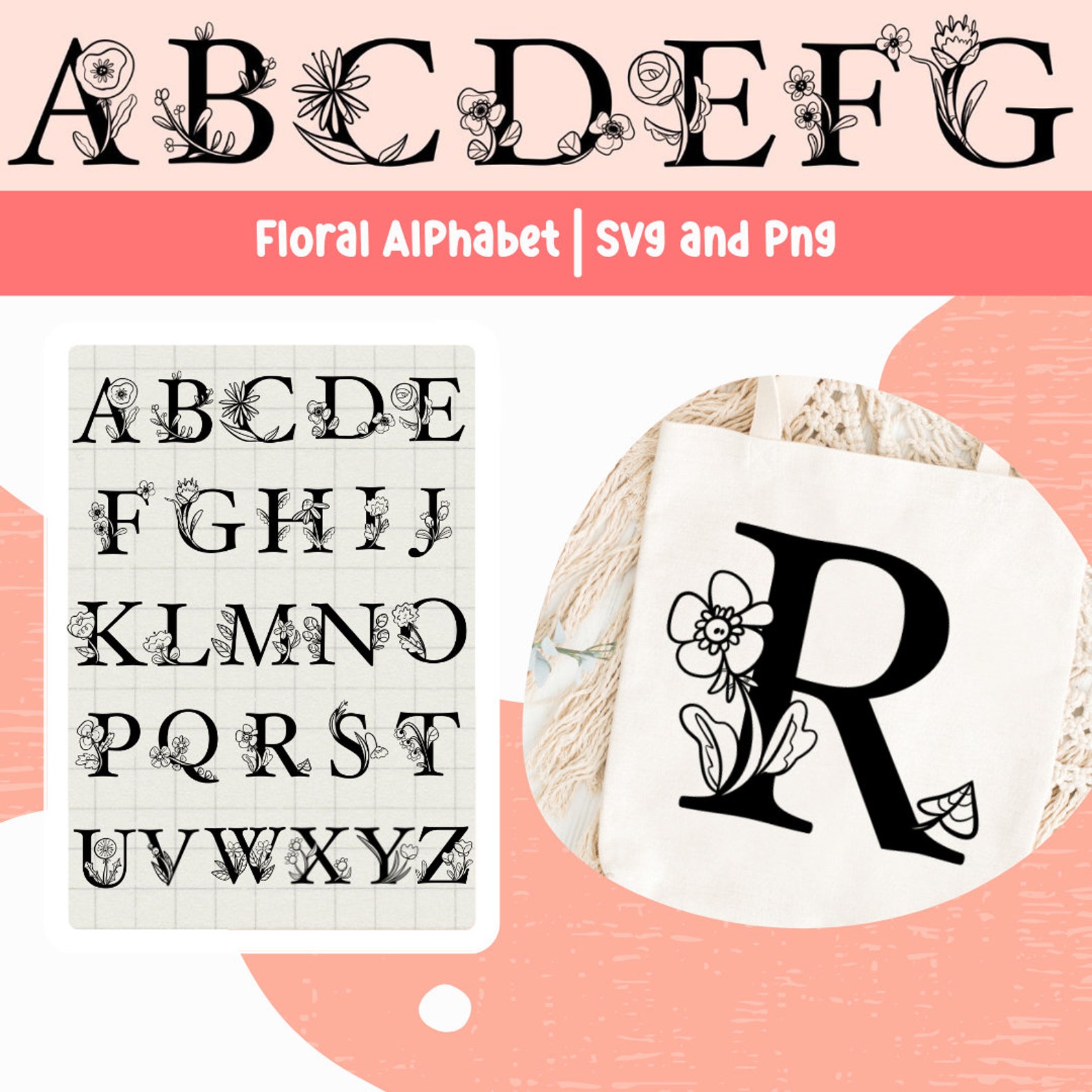 Floral Alphabet SVG PNG: Handwritten Doodle Font, Nursery Monogram - Etsy