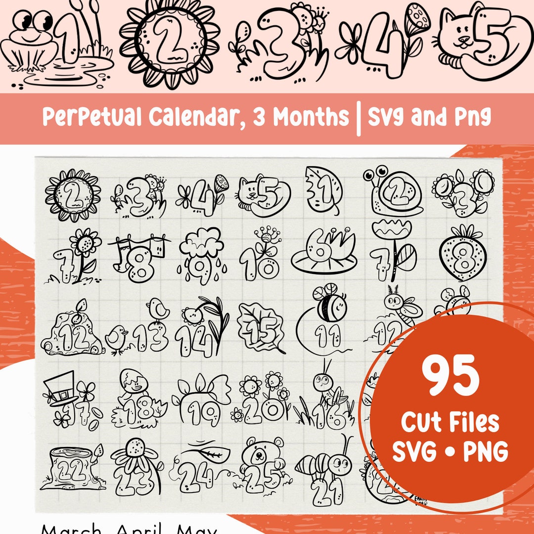 Perpetual Calendar Numbers SVG Clipart: 95 Cut Files (digital Download ...