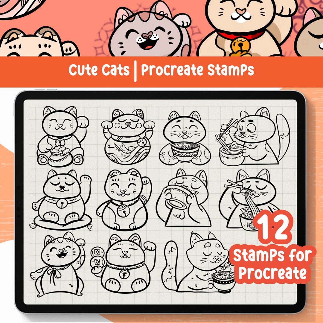 Cute Cat Bundle Animal Procreate Stamp Japanese Cat Procreate Brushes ...