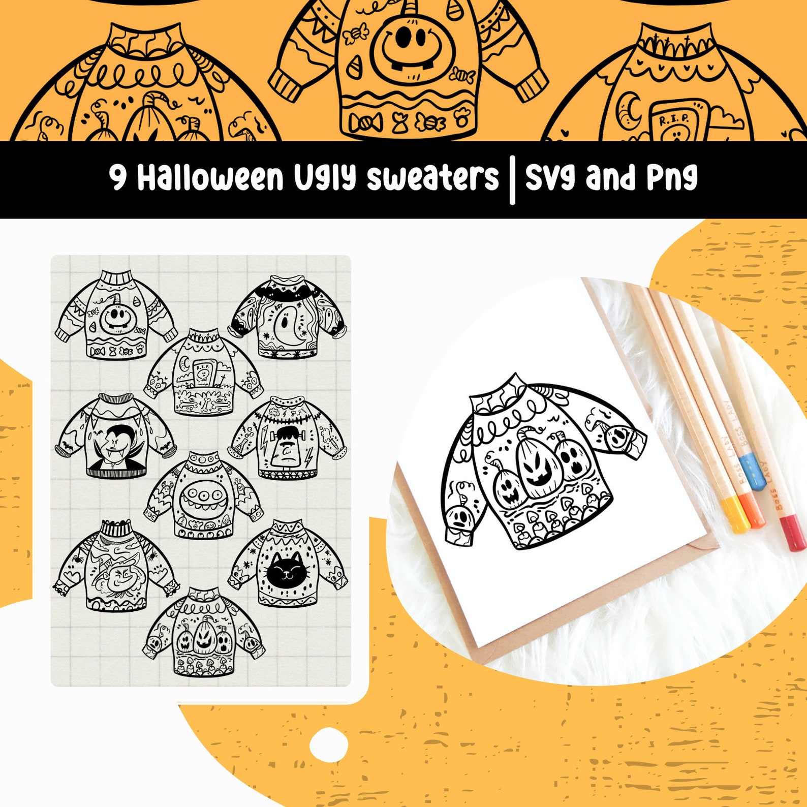 Halloween Ugly Sweater Clipart: Spooky SVG, PNG Files - Etsy