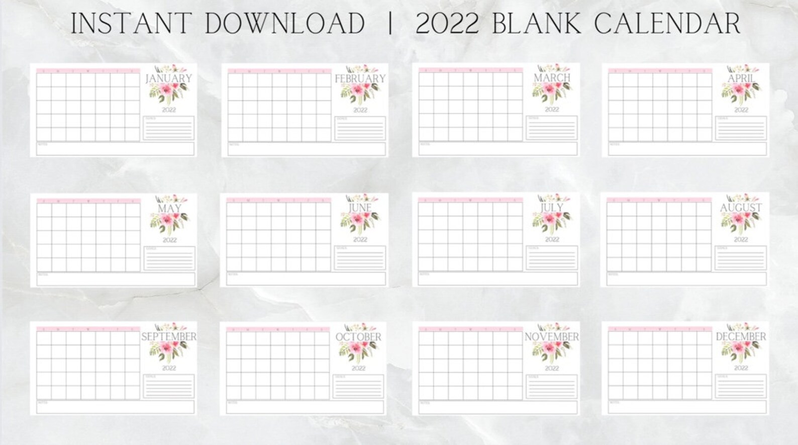 2022 Printable Digital Blank Monthly Calendar - Etsy