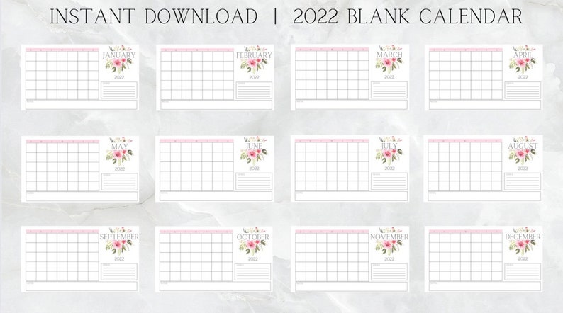 2022 Printable Digital Blank Monthly Calendar - Etsy