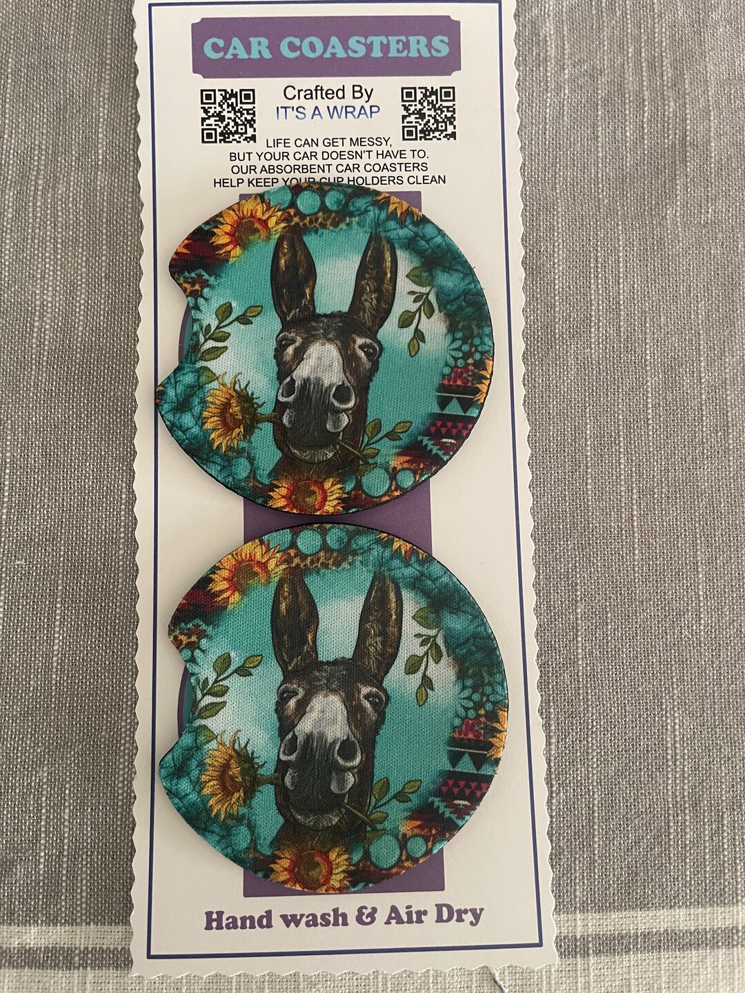 Donkey Burro and Sunflowers Car Coasters Set of 2 - Etsy