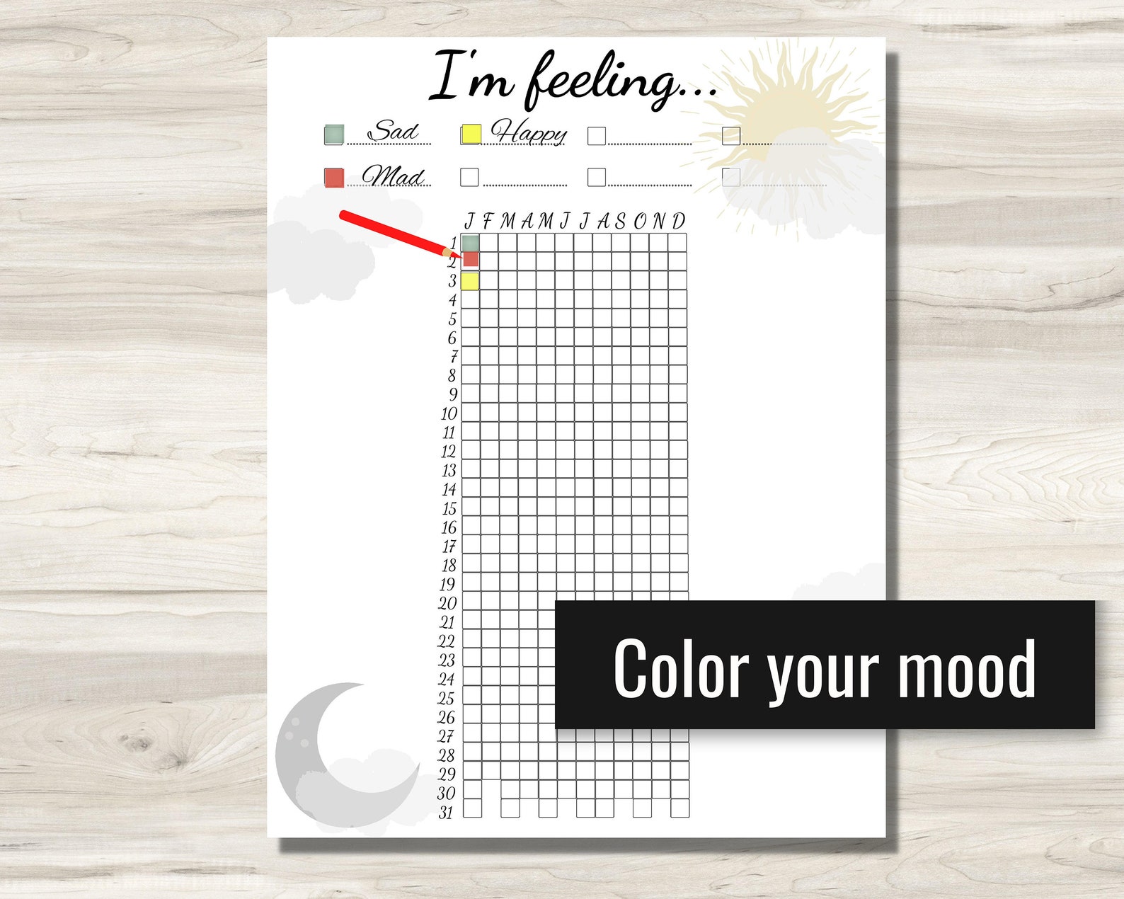 Printable Yearly Mood Tracker Sun and Moon - Etsy