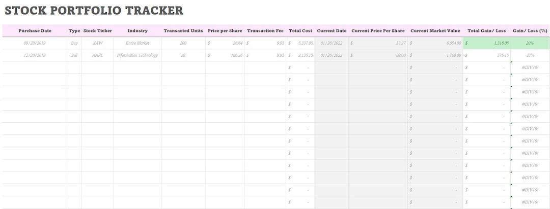 Stock Portfolio Tracker Excel Template - Etsy