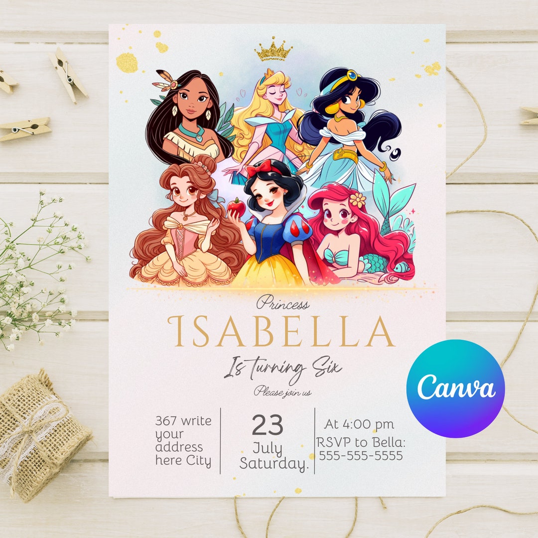 Princess Birthday Card, Girl Editable Template, Custom Instant Download ...