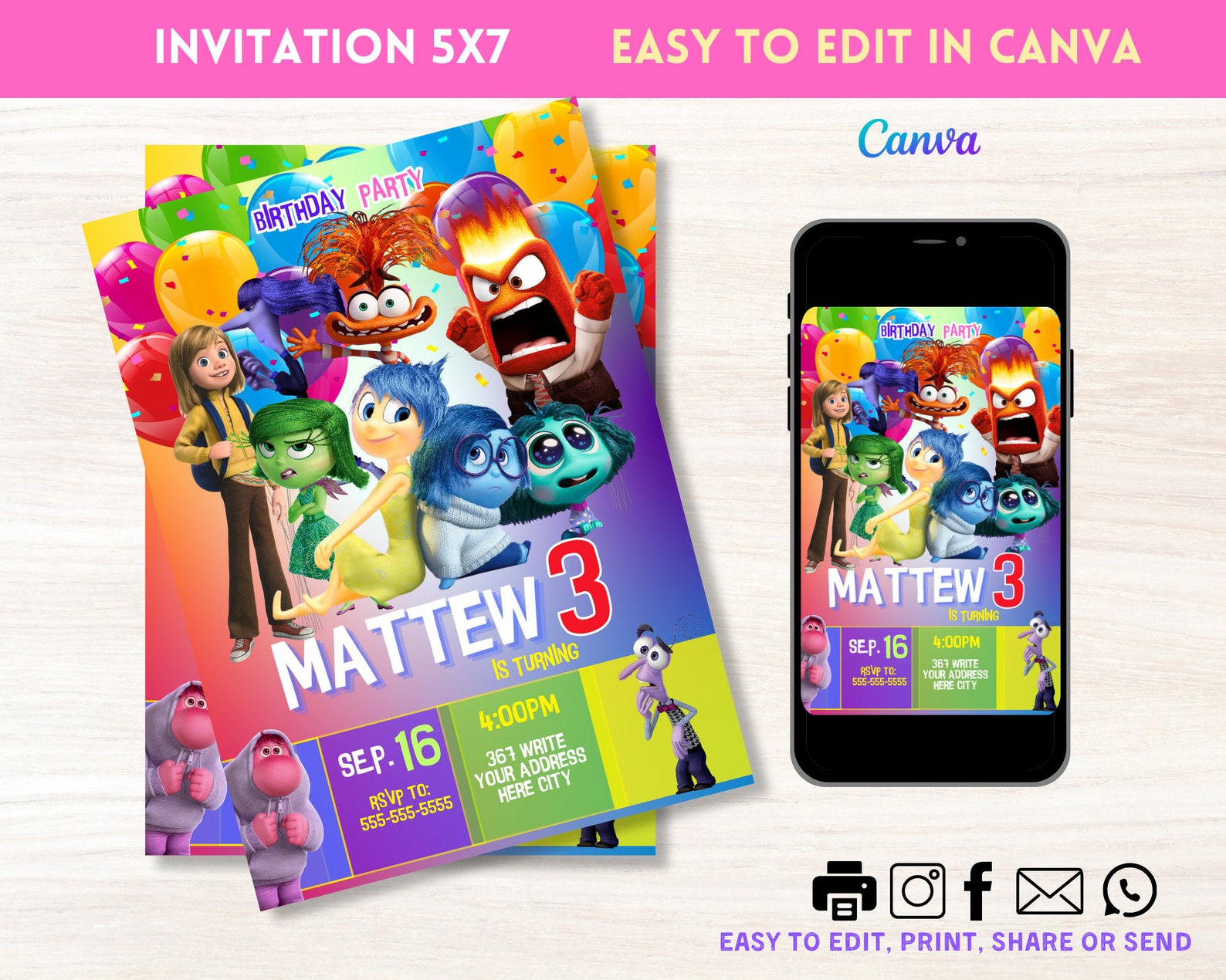 Inside Out 2 Birthday Invitation Editable Inside Out Invitation Inside ...