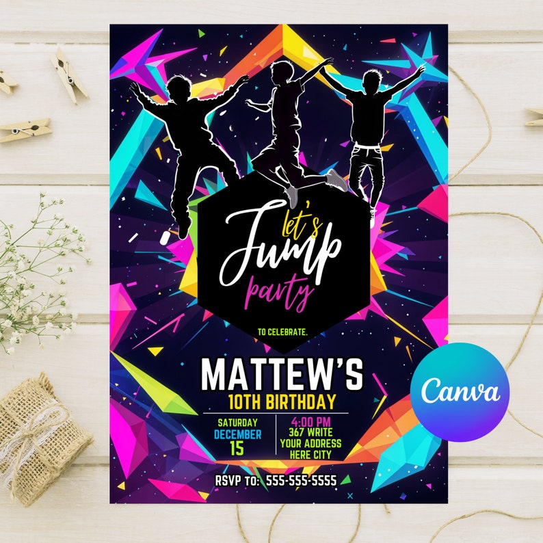 Editable Jump Birthday Party Invitation COLORFUL Jump Birthday Party ...