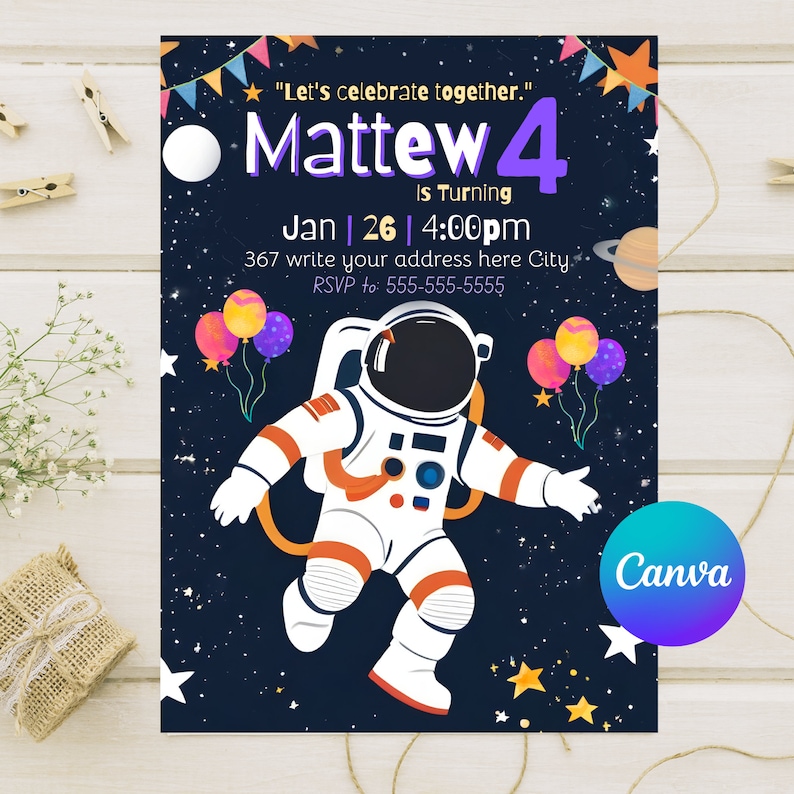 Editable Astronaut Birthday Invitation Space Adventure Invite Template ...