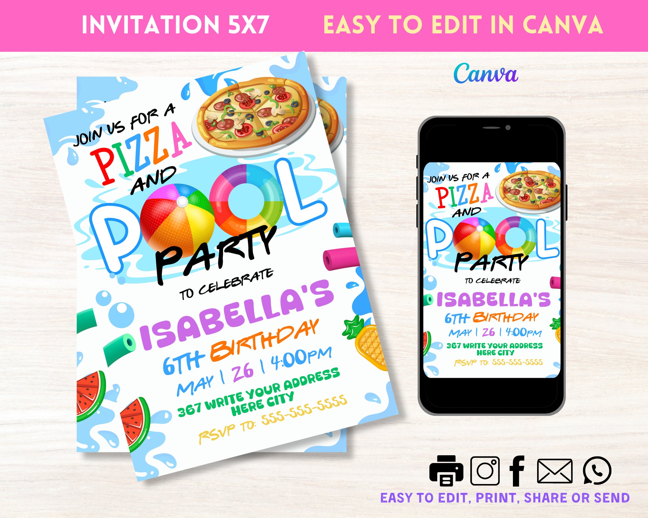 Pizza Pool Party Invitation, Boy Pool Party, Pizza and Pool Party ...